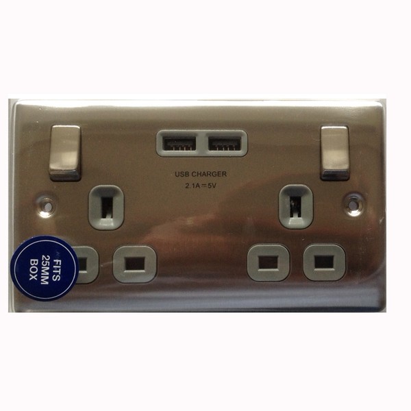 Brushed Steel Grey Insert Double Switched Socket With USB Charger 2.1A ...